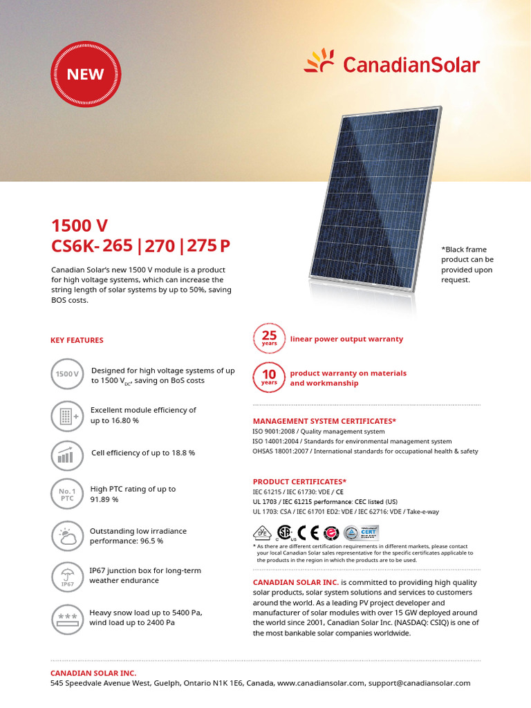 CanadianSolar CS6K 265-275P EN | PDF | Solar Panel | Electrical Engineering