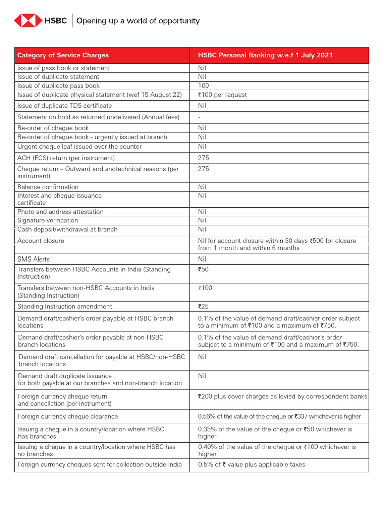 HSBC Personal Banking Service Charges 2021 | PDF | Cheque | Automated ...