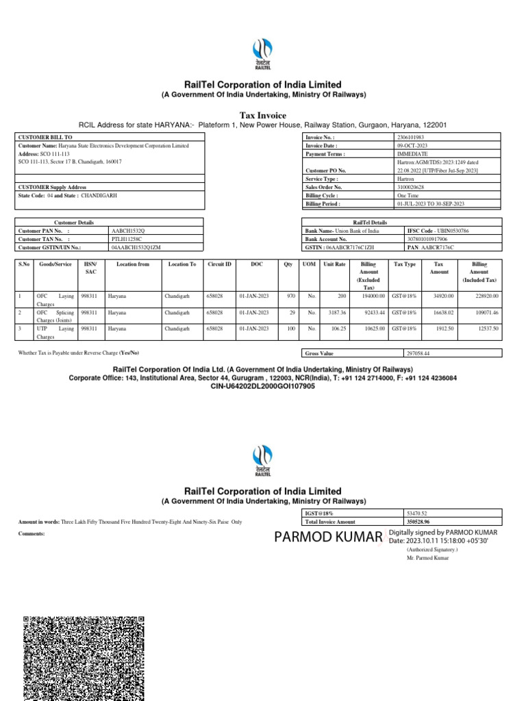RailTel Invoice for OFC & UTP Services | PDF | Invoice | Taxes