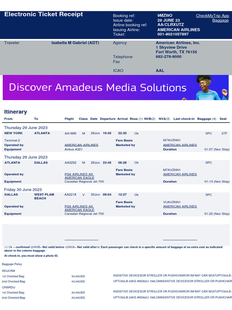 Your Electronic Ticket Receipt | PDF | American Airlines | Airlines