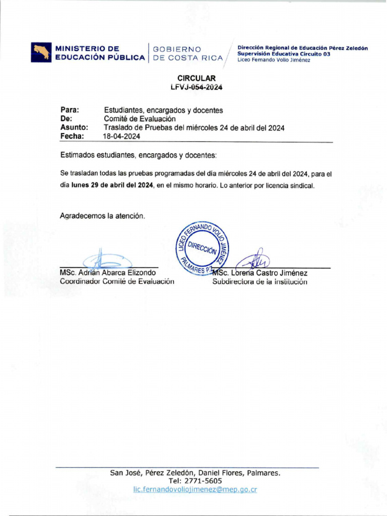 Circular Lfvj 054-2024 Traslado de Pruebas | PDF