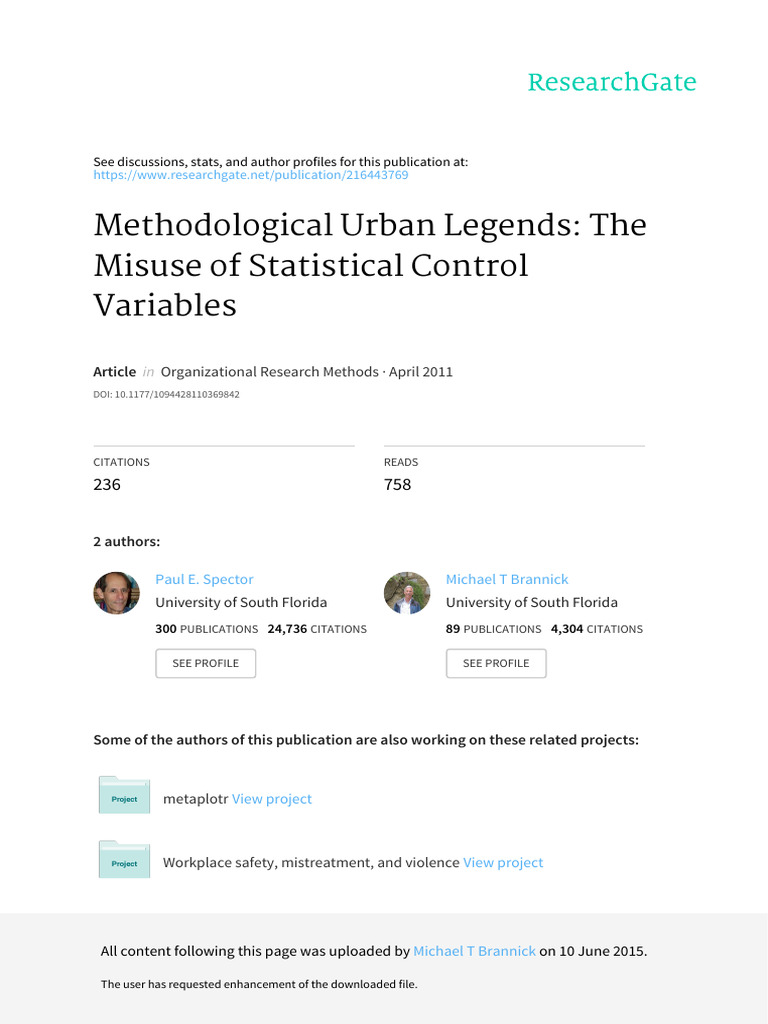 (Spector & Brannick, 2011) - The Misuse of Statistical Control Variables | PDF | Variance ...