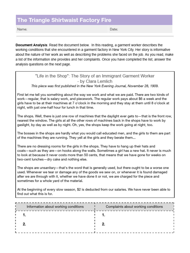triangle shirtwaist factory fire worksheet - answer guide | PDF ...