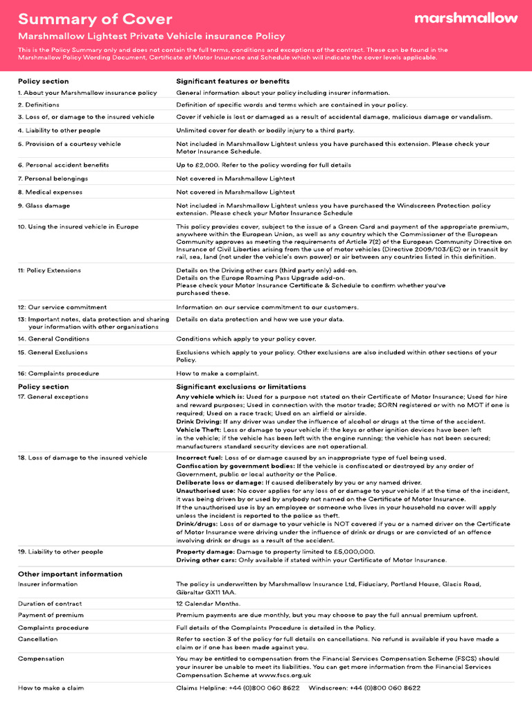 Summary of Cover | PDF | Vehicle Insurance | Insurance
