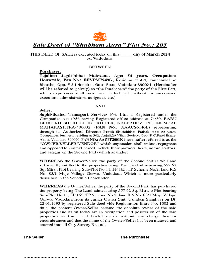 203 Sale Deed Draft | PDF | Deed | Mortgages