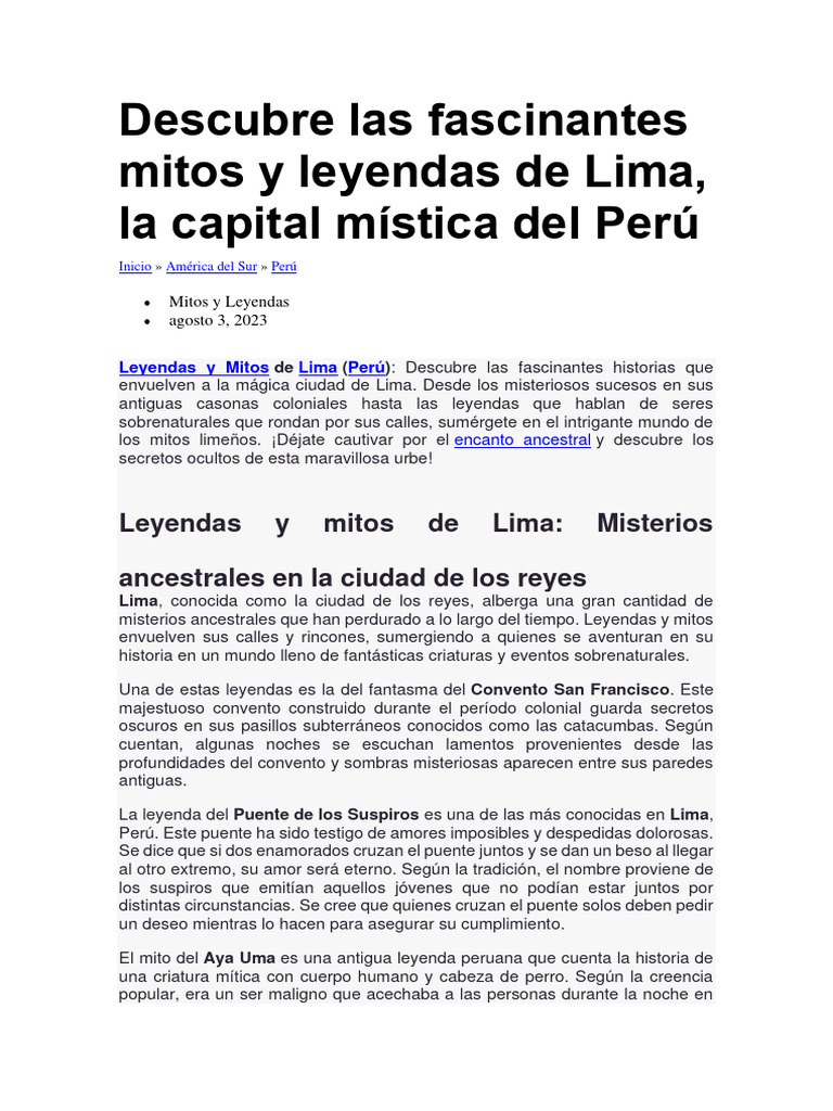 Mitos y Leyendas de Lima, Perú | PDF | Lima | Leyendas