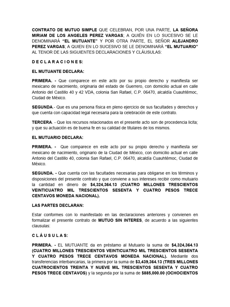 Contrato de Mutuo Simple | PDF