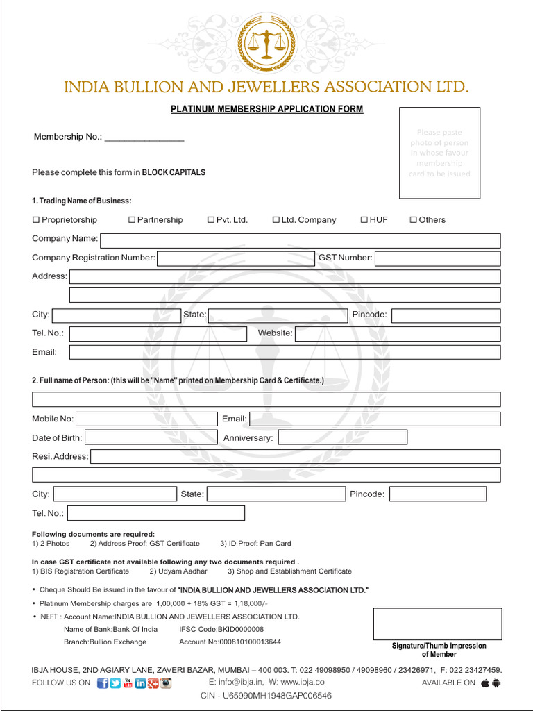 IBJA PLATINUM MEMBER FORM | PDF | Applications Of Cryptography ...