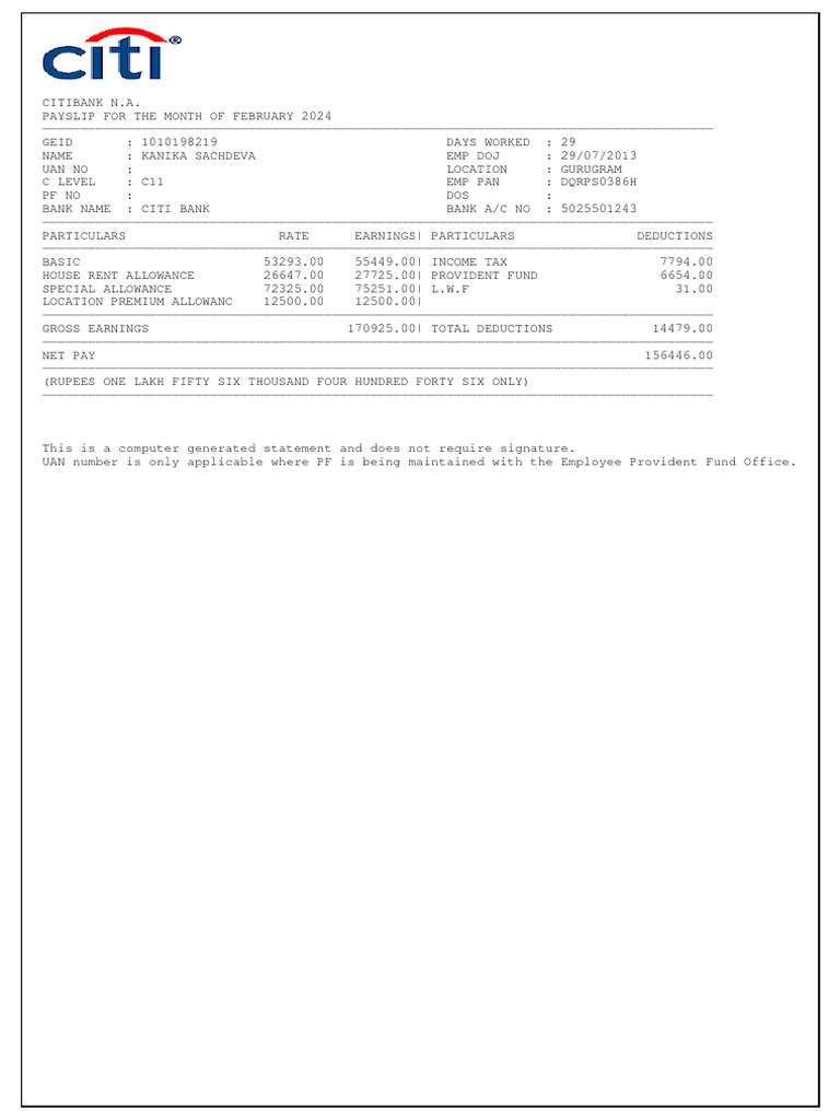 Citibank February 2024 Payslip Summary | PDF | Business | Finance & Money Management