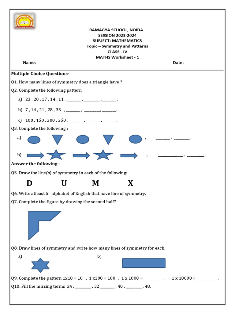 Class IV Maths: Symmetry & Patterns Worksheet | PDF | Teaching Methods ...