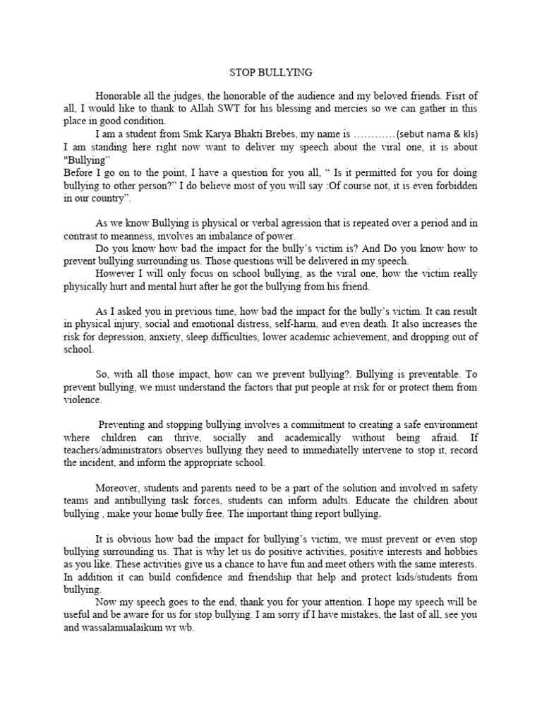 STOP BULLYING Speech | PDF | Bullying | Social Psychology