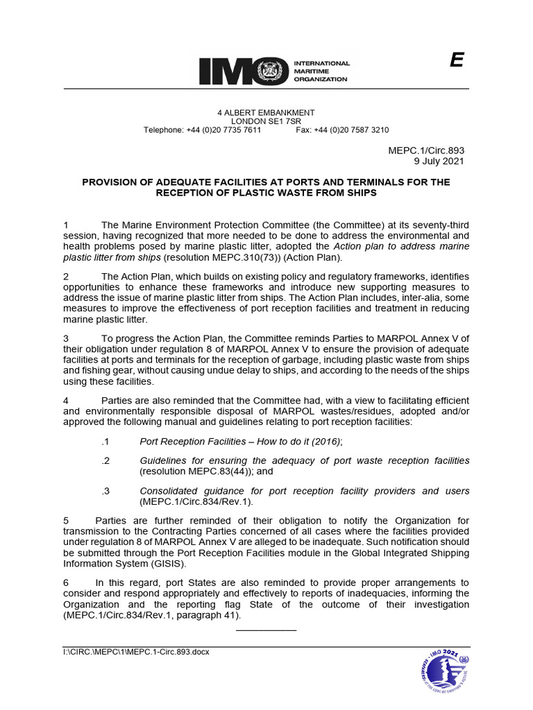 MEPC.1-Circ.893 - Provision of Adequate Facilities at Ports and Terminals For TheReception of ...
