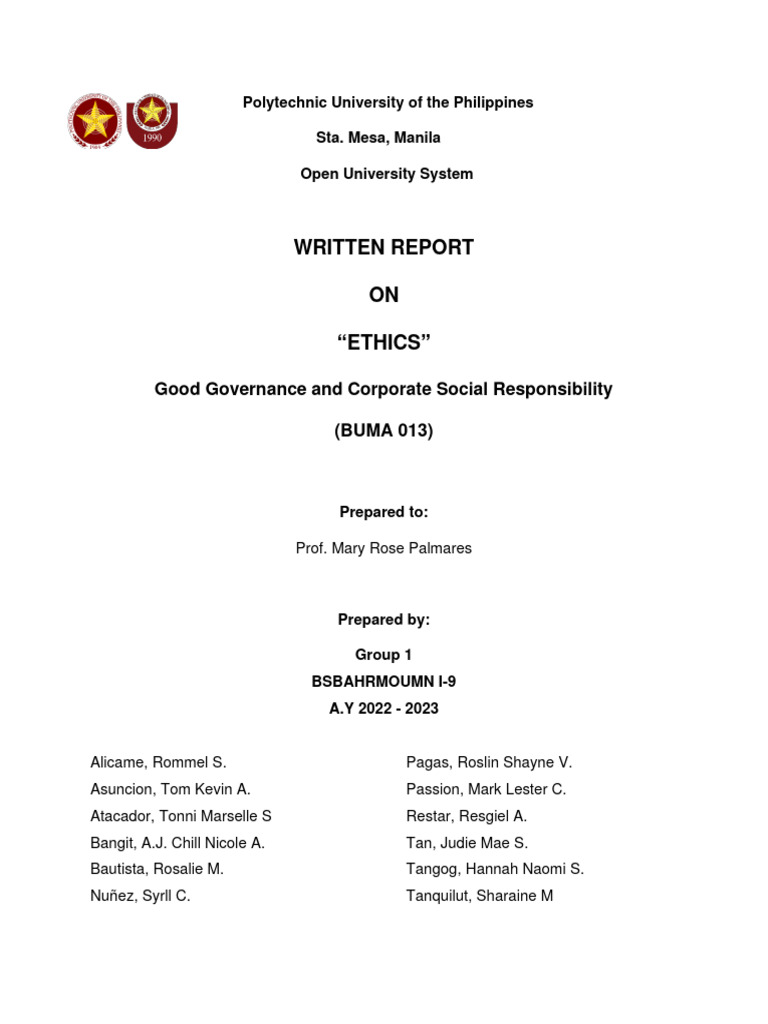 GROUP 1 - Written Report - ETHICS (BUMA 013) | PDF | Virtue | Virtue Ethics
