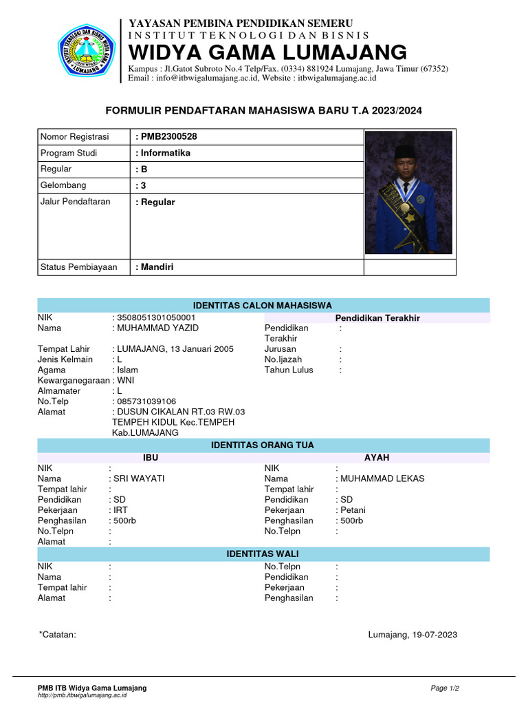 Formulir Pendaftaran Mahasiswa Baru Pdf