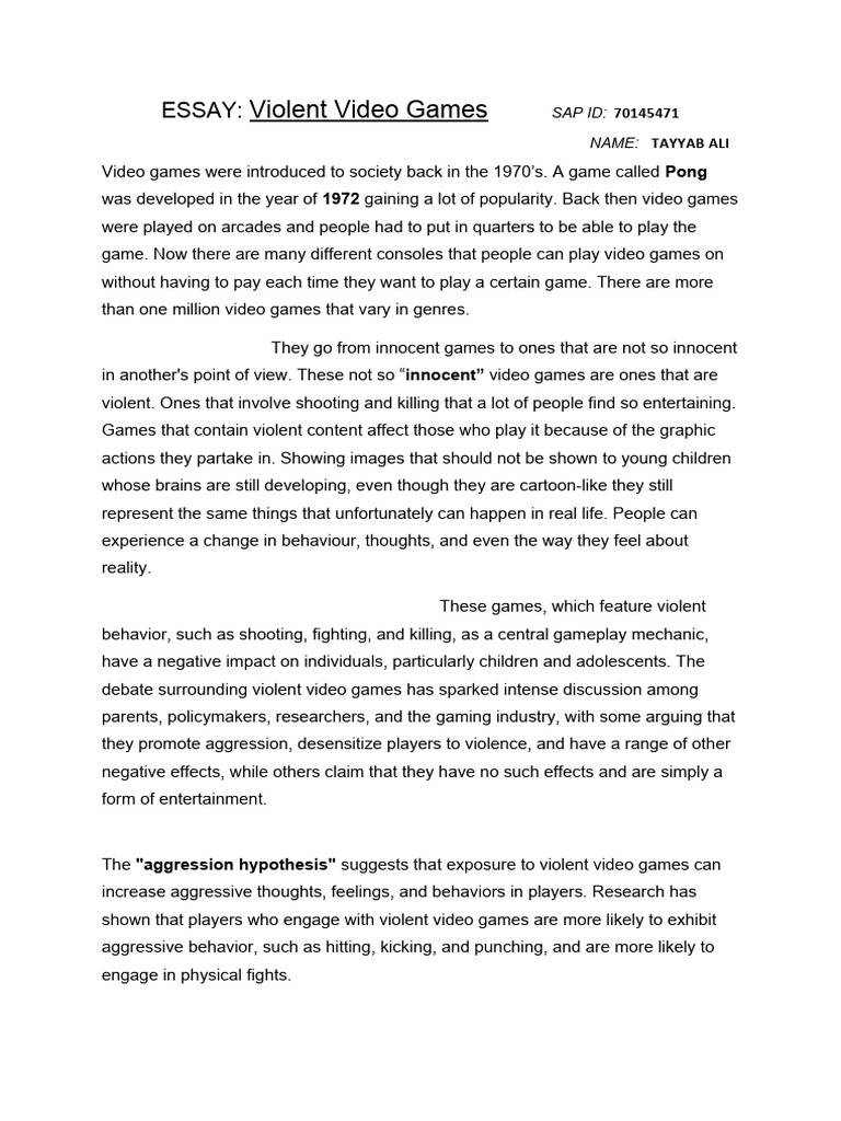 ESSAY Violent Video Games | PDF | Video Games | Aggression