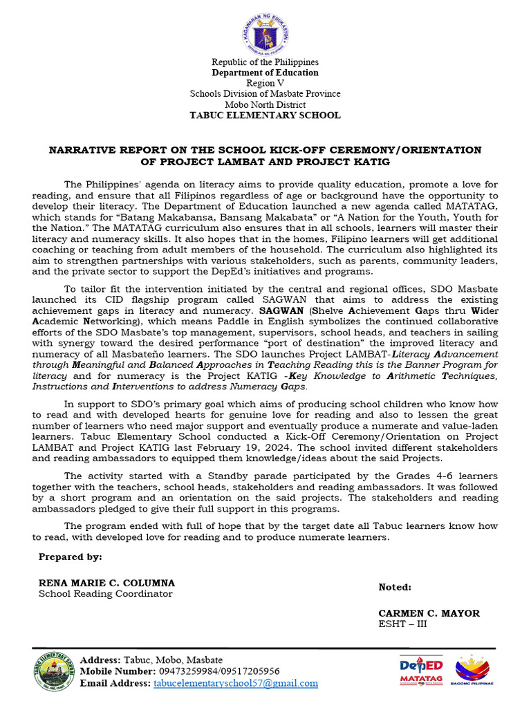 Narrative Report On The School Kick | PDF | Literacy | Pedagogy