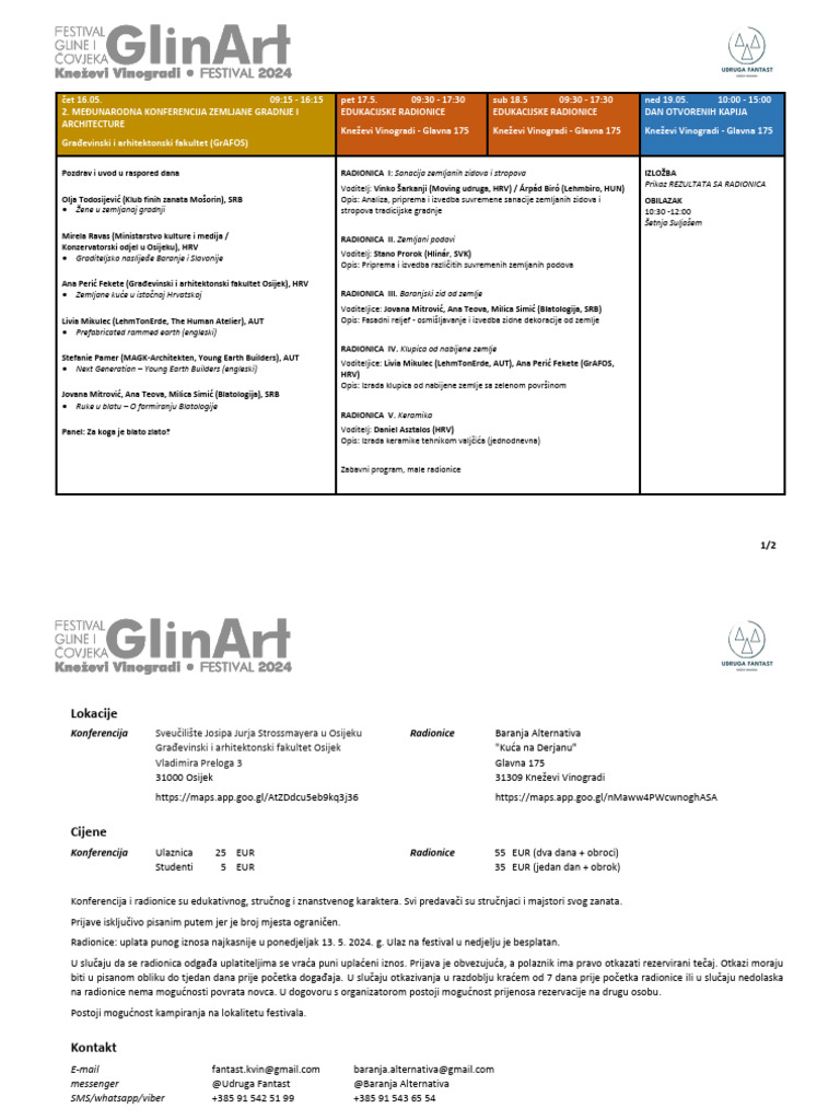 GlinArt 2024. - Festival - Raspored I Cijene | PDF