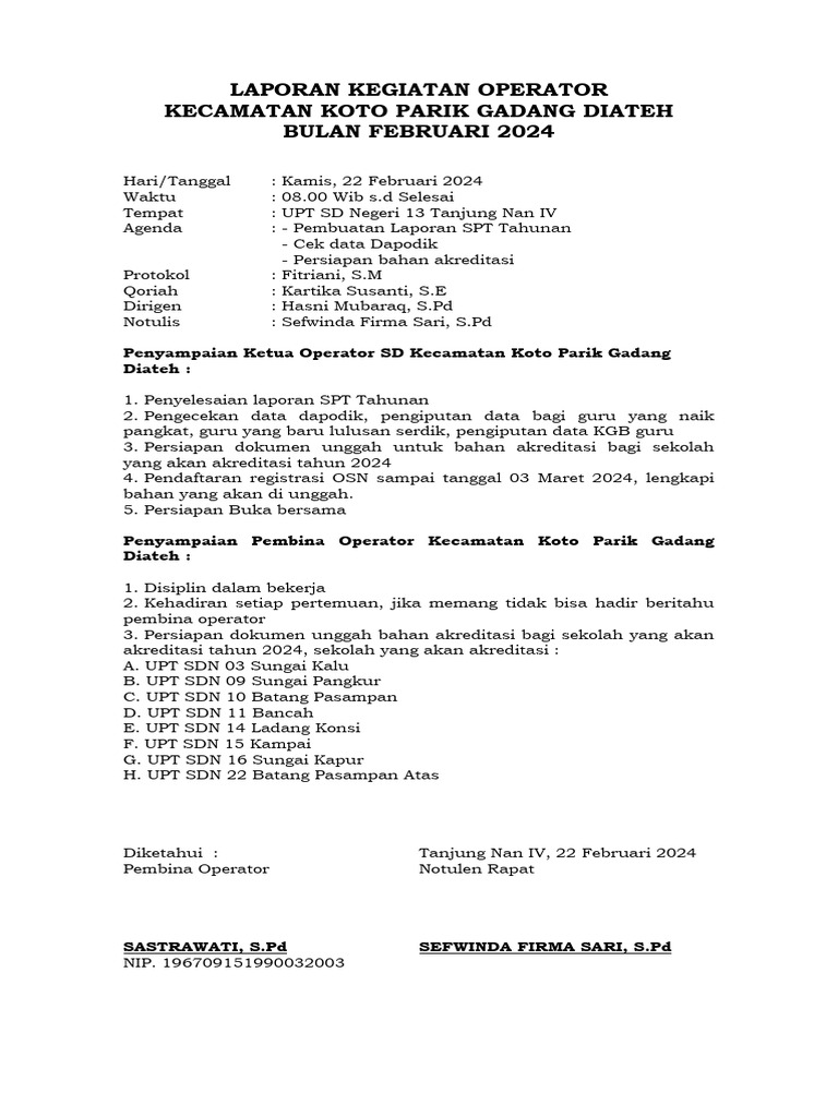 Laporan Kegiatan Operator | PDF