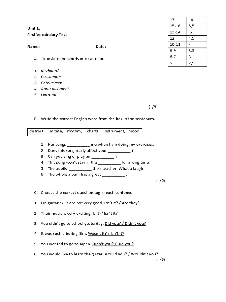 8th Class - Vocabulary Test Unit 1 | PDF