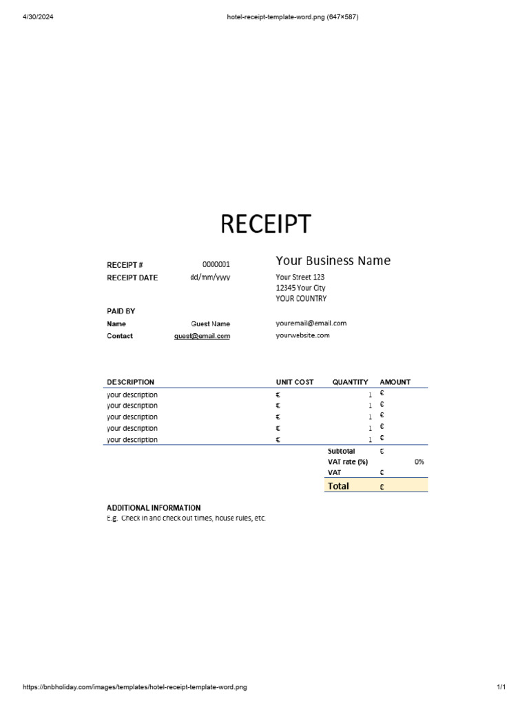 Hotel Receipt Template Word | PDF