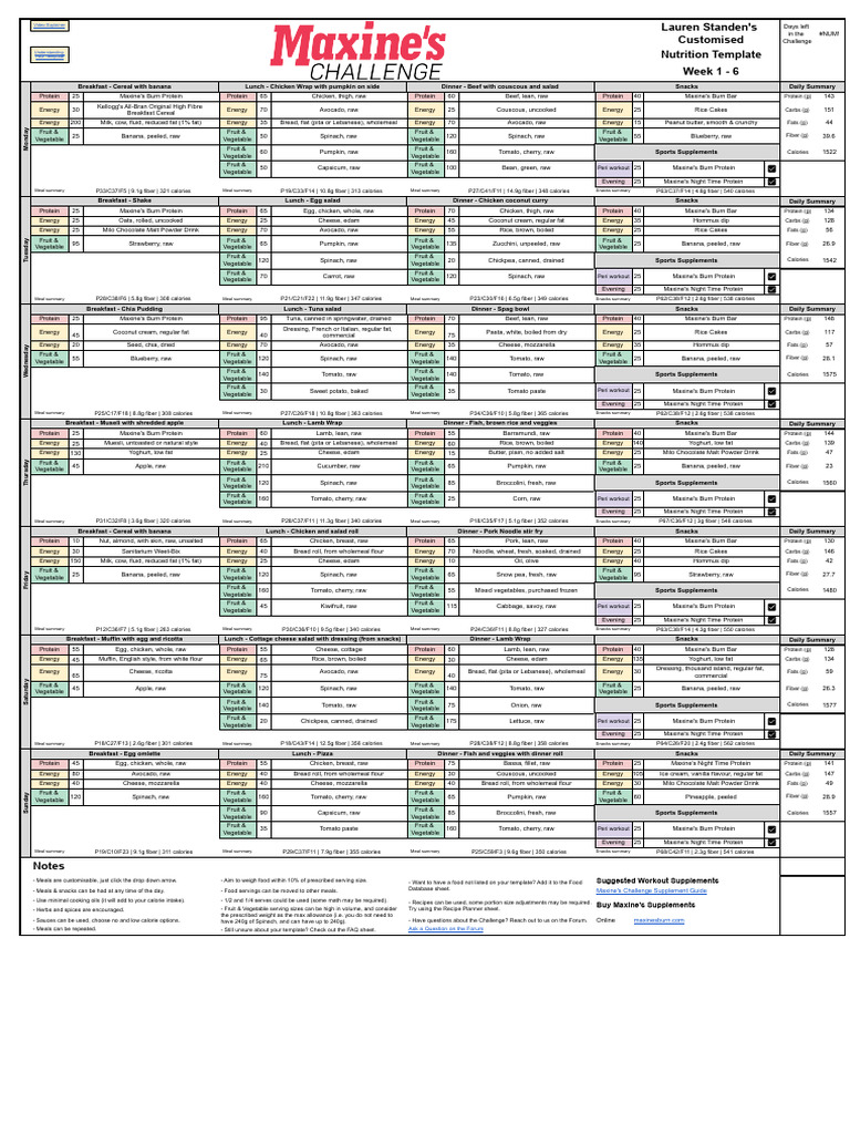 Maxine's 6-Week Nutrition Challenge | PDF | Vegetables | Lunch