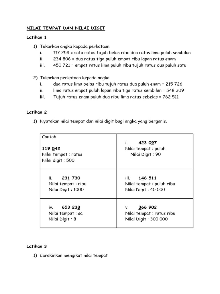 Latihan Nilai Tempat dan Digit Angka | PDF