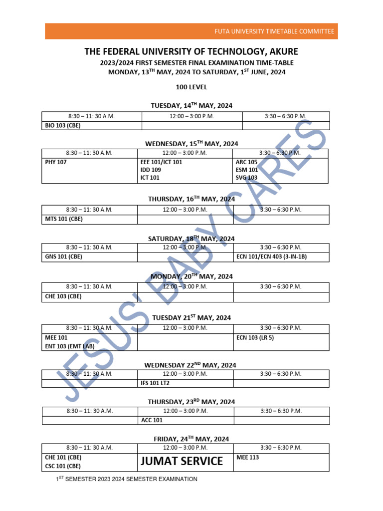 100 Level 1st Semester Exam Timetable 2023-2024 | PDF