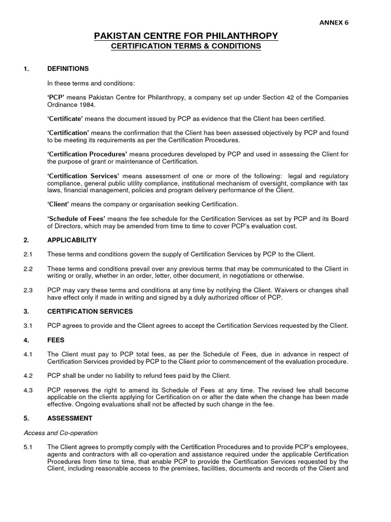 PCP Certification Terms and Conditions | PDF | Indemnity | Legal Liability