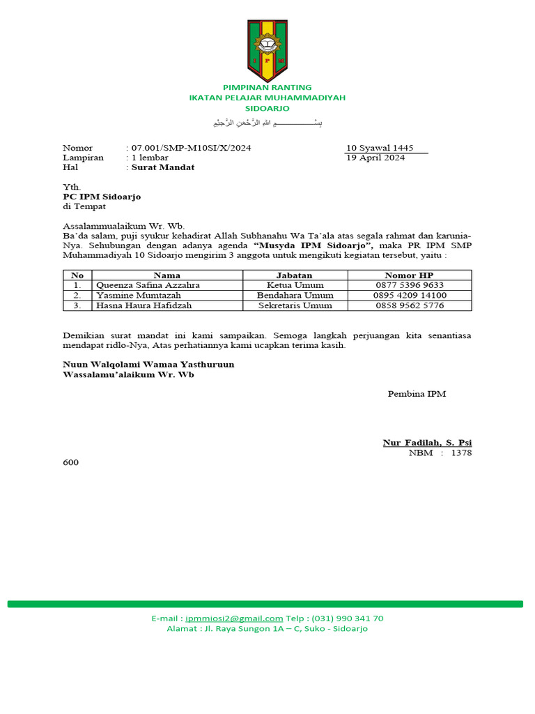 Surat Mandat Musyda IPM Sidoarjo | PDF