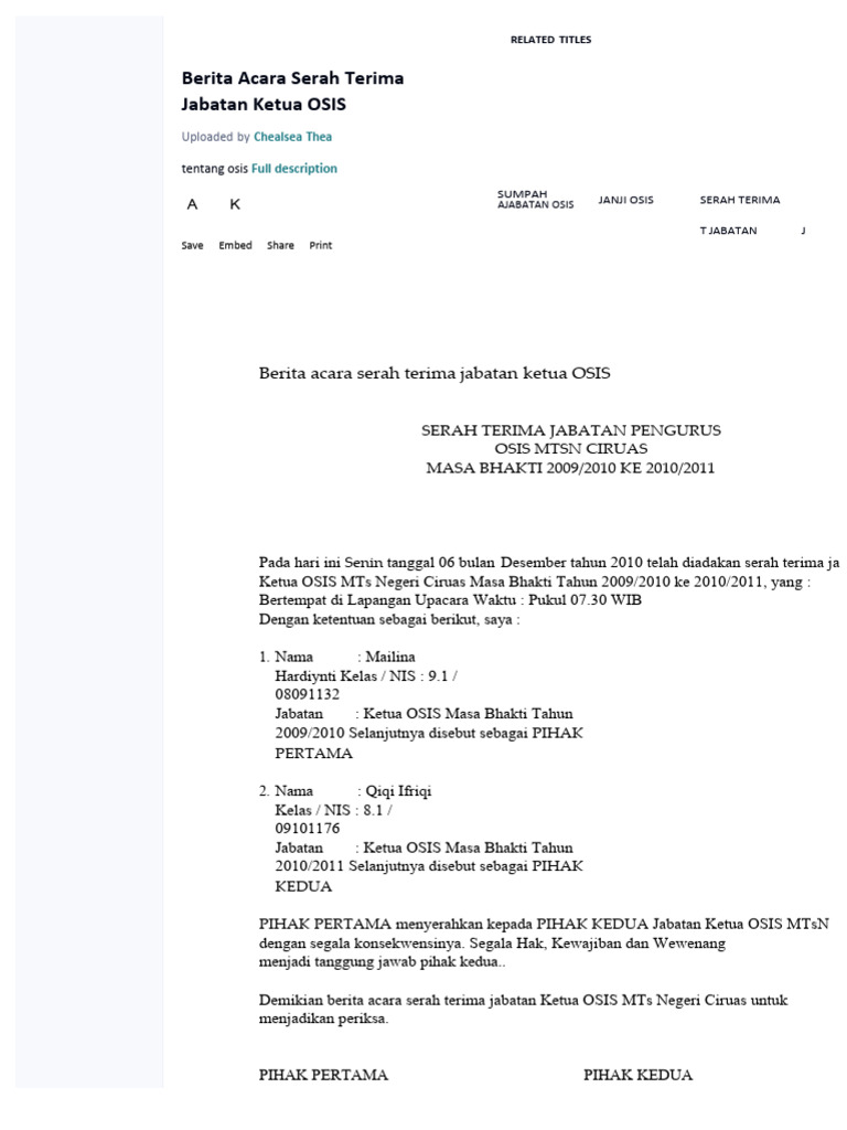 PDF Berita Acara Serah Terima Jabatan Ketua Osis | PDF