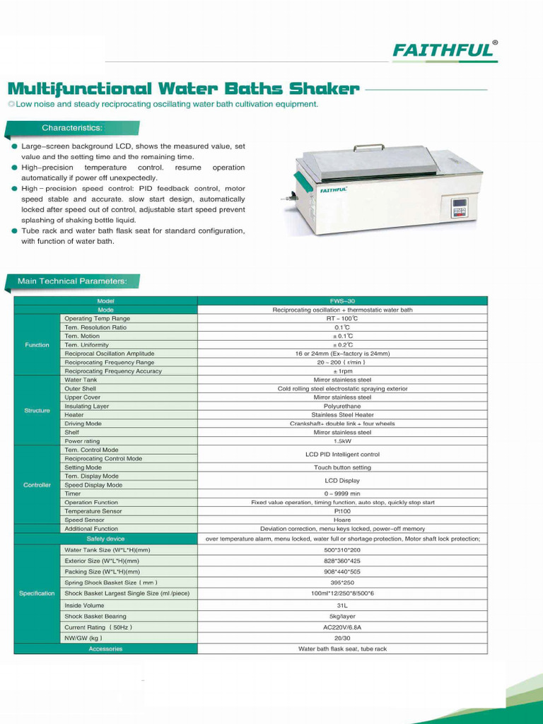 Shaking Water Bath FWS-30 | PDF