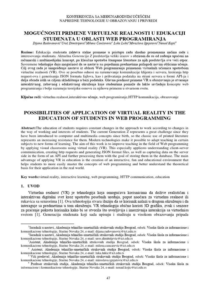 Mogućnosti Primene Virtuelne Realnosti U Edukaciji Studenata U Oblasti ...