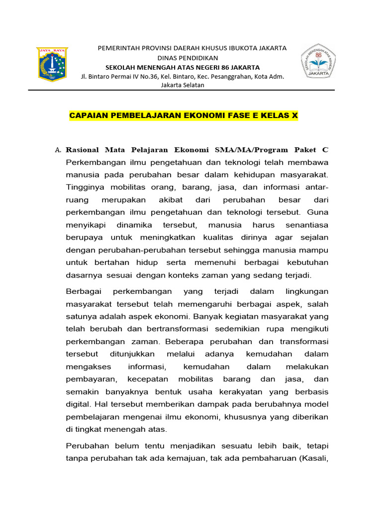 Capaian Pembelajaran Ekonomi Fase e (Kelas X) | PDF | Karier & Perkembangan