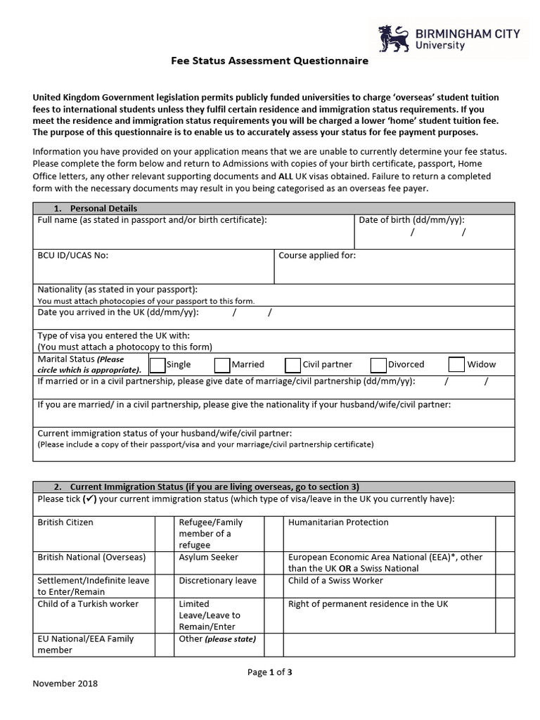 Fee Status Questionnaire Nov 2018form 131955597277419796 | PDF | Travel Visa | Government And ...