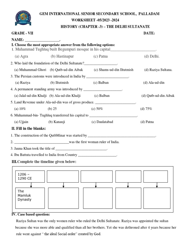 Grade 7 The Delhi Sultanate Work Sheet - 5 | PDF