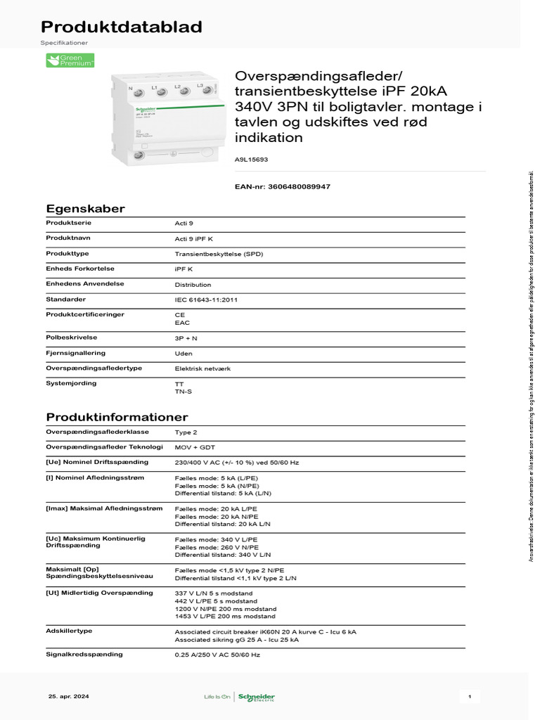Schneider Electric Acti9-IPF-SPD-transientbeskyttelse A9L15693 | PDF