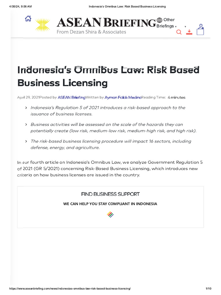 Indonesia’s Omnibus Law_ Risk Based Business Licensing | PDF