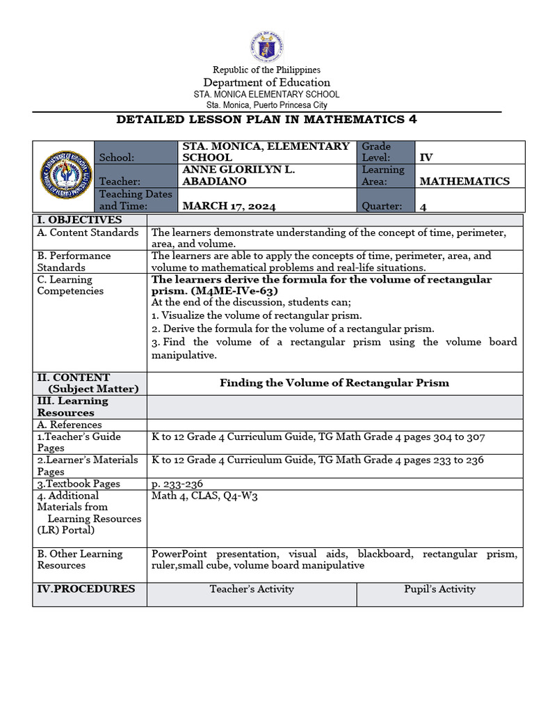 q4 Lesson Plan | PDF | Volume | Length