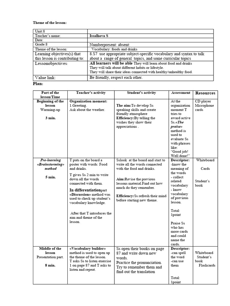 Vocabulary Lesson: Foods and Drinks | PDF | Learning | Vocabulary
