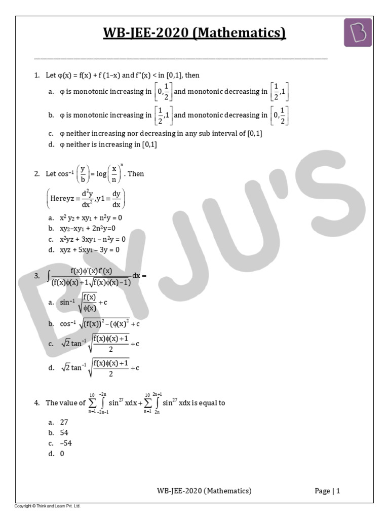 WBJEE 2020 Maths Question Answerkey Solutions | PDF | Ellipse ...