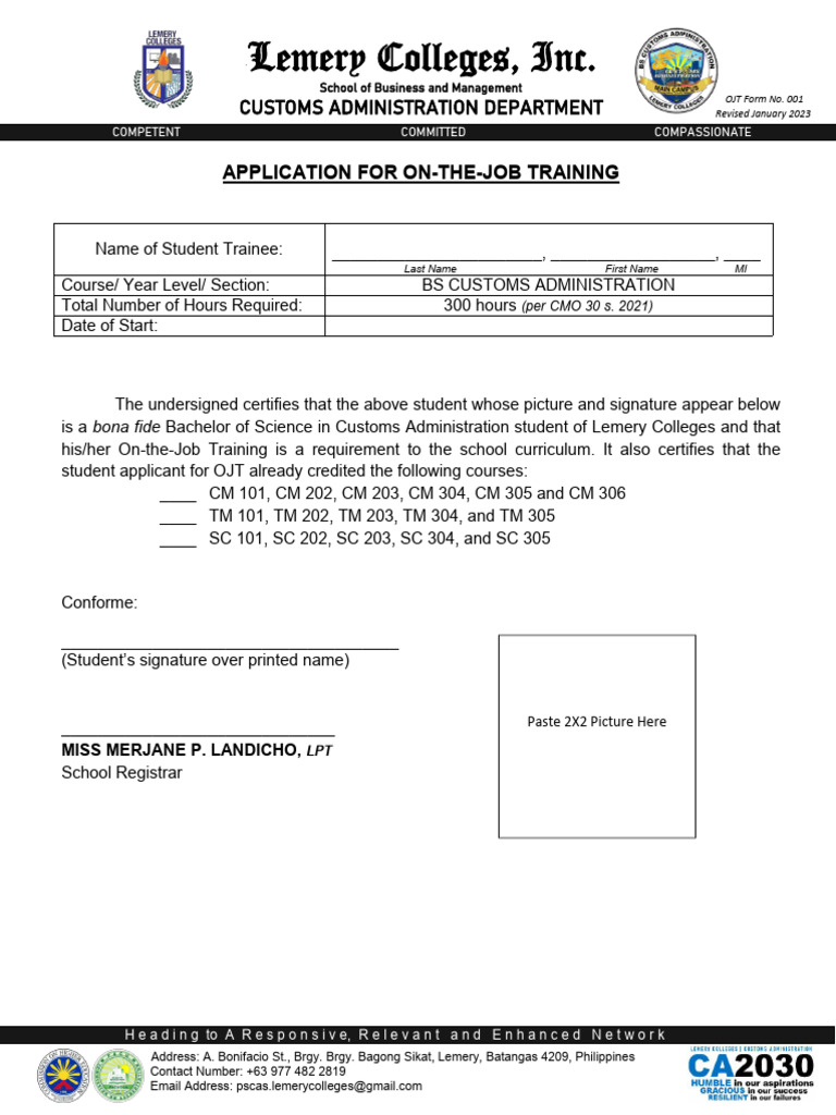 OJT Form No. 001 APPLICATION FOR OJT | PDF | Business