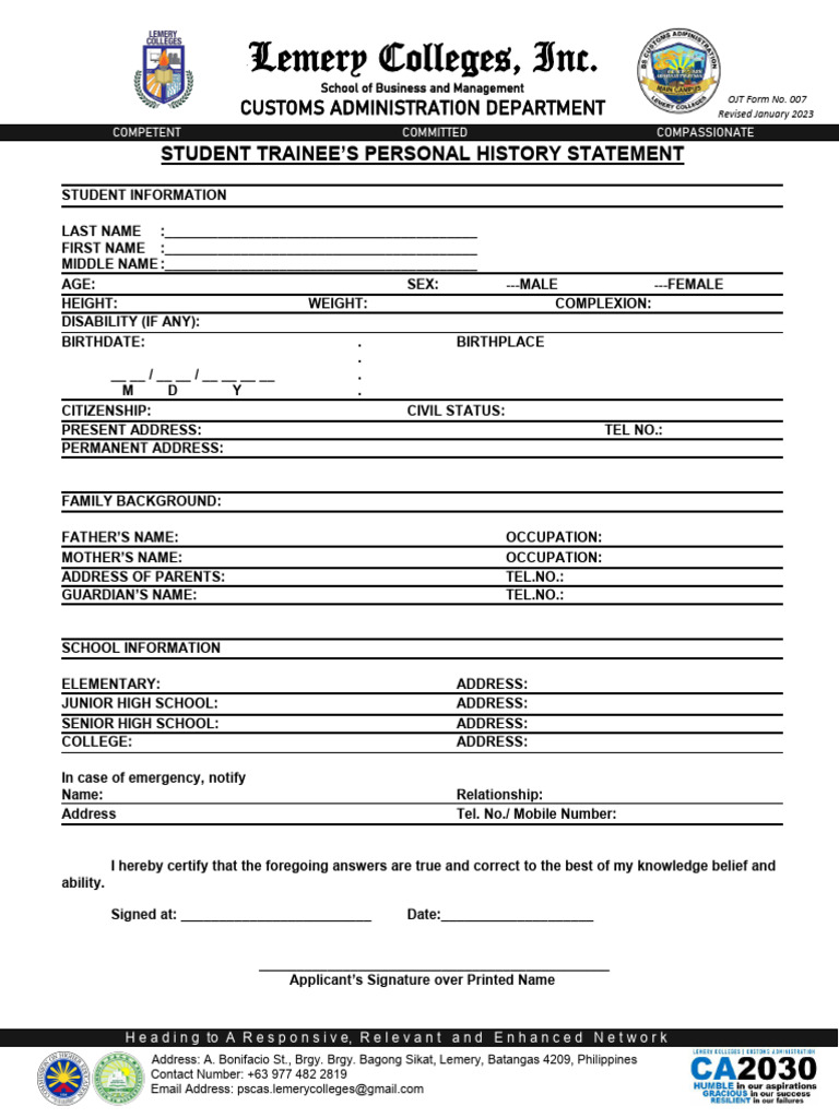 OJT Form No. 007 PERSONAL HISTORY STATEMENT | PDF
