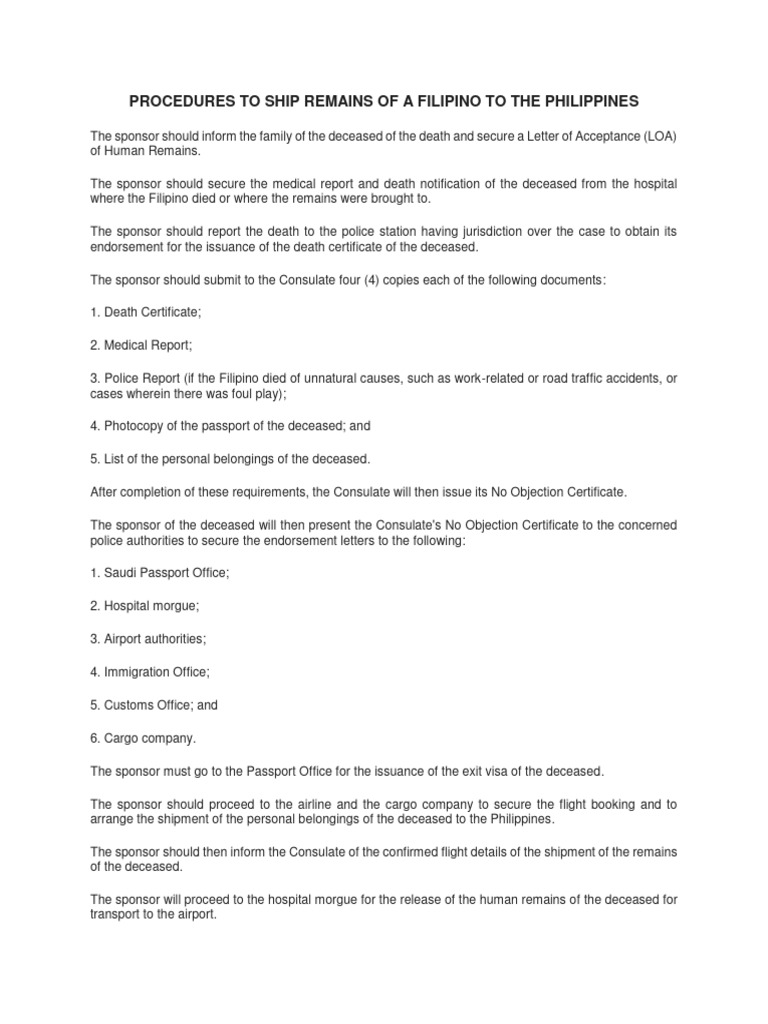 Shipping Filipino Remains to the Philippines | PDF | Passport ...