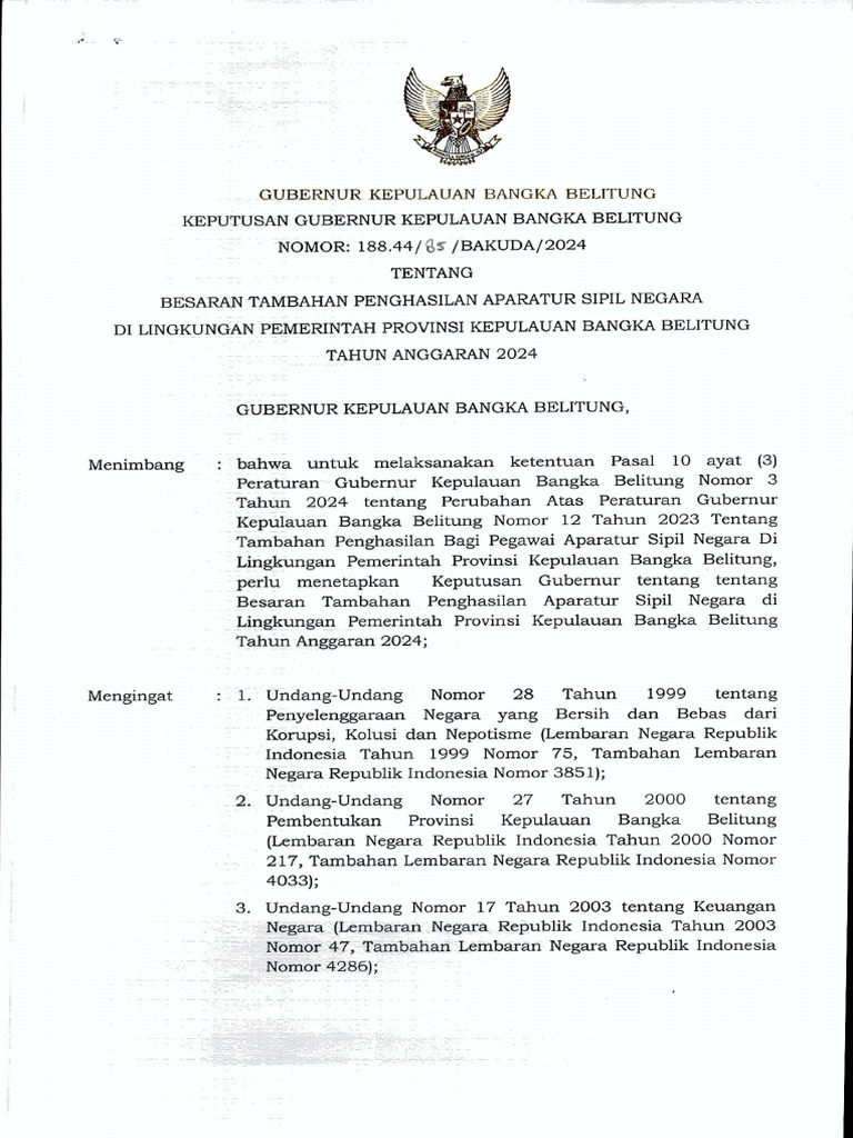 Kepgub. TTNG Besaran TPP Asn Ta.2024 | PDF