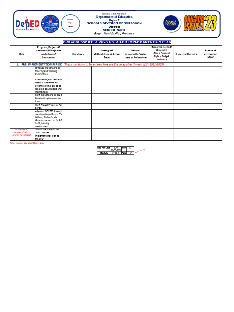 Brigada Eskwela 2023 Implementation Plan | PDF