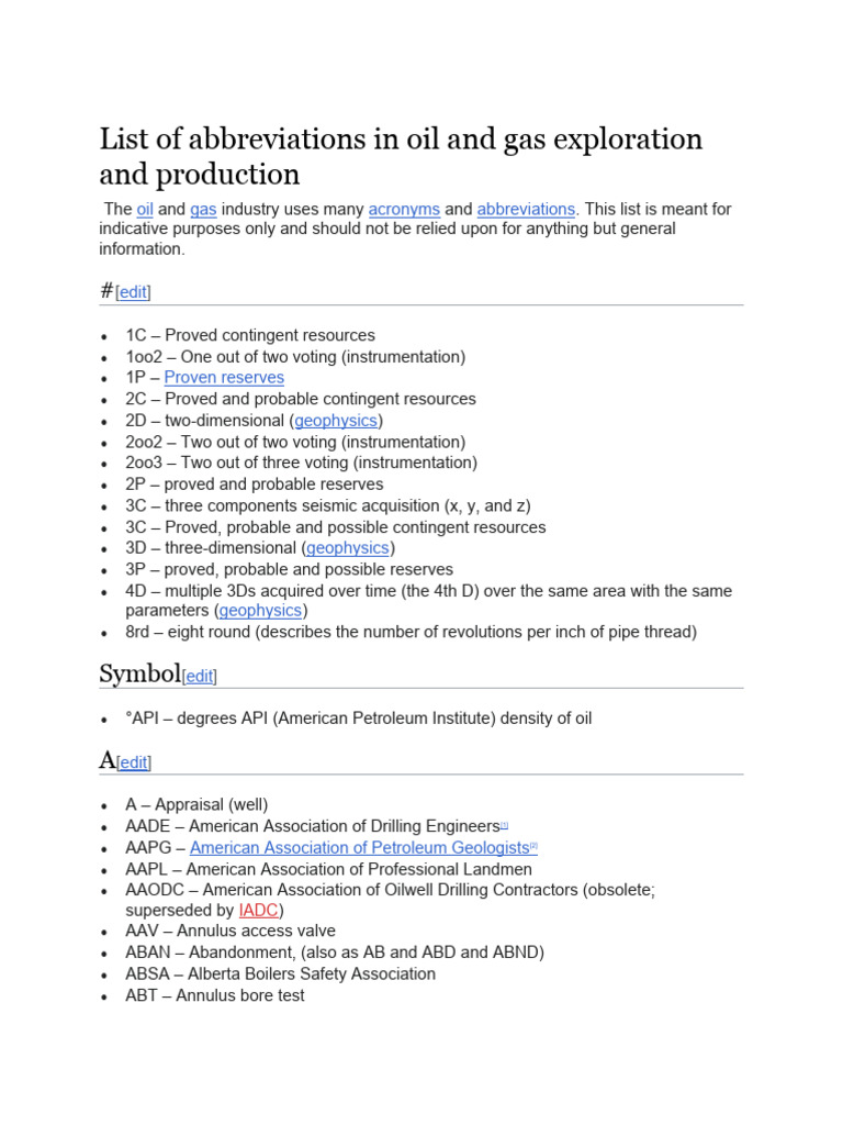 Oil and Gas Abbreviations List | PDF | Oil Well | Barrel (Unit)
