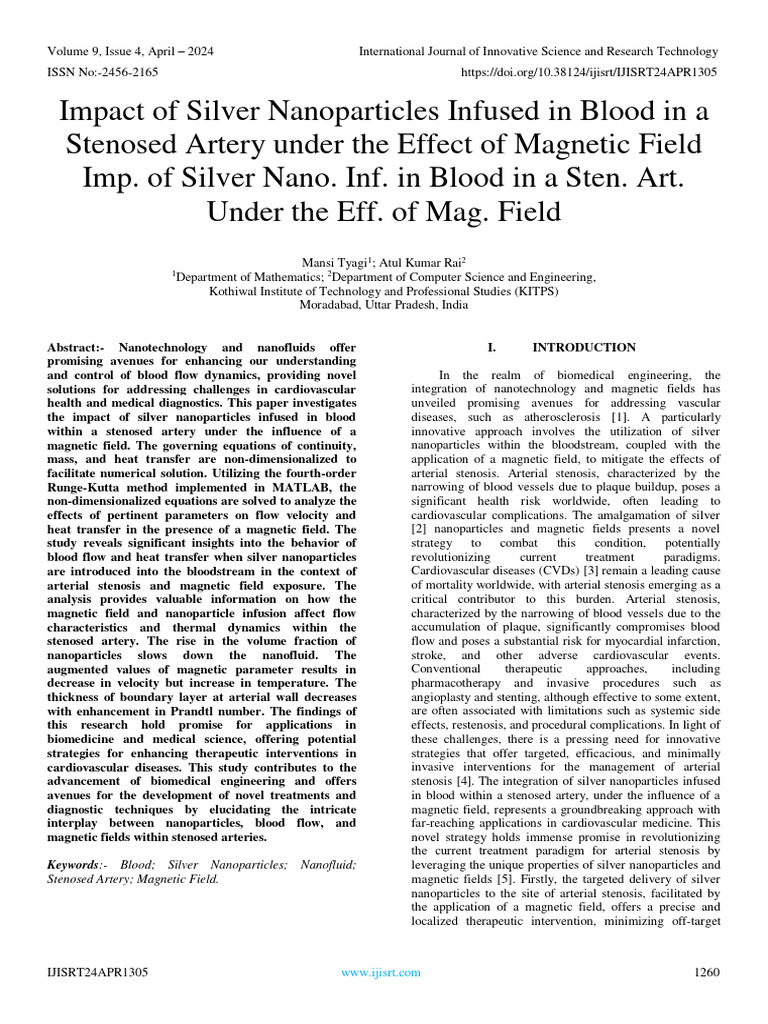 Impact of Silver Nanoparticles Infused in Blood in A Stenosed Artery ...