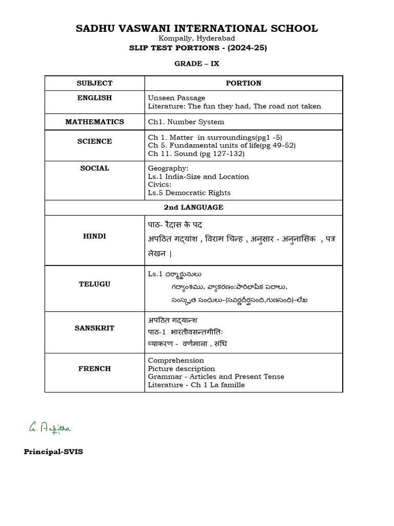 Grade IX Slip Test Portions 2024-25 | PDF