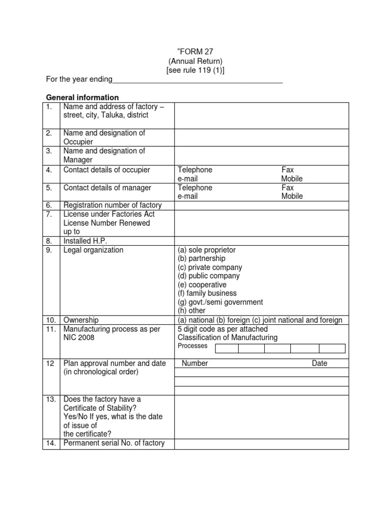 Factory Annual Return Form 27 | PDF | Economies | Business
