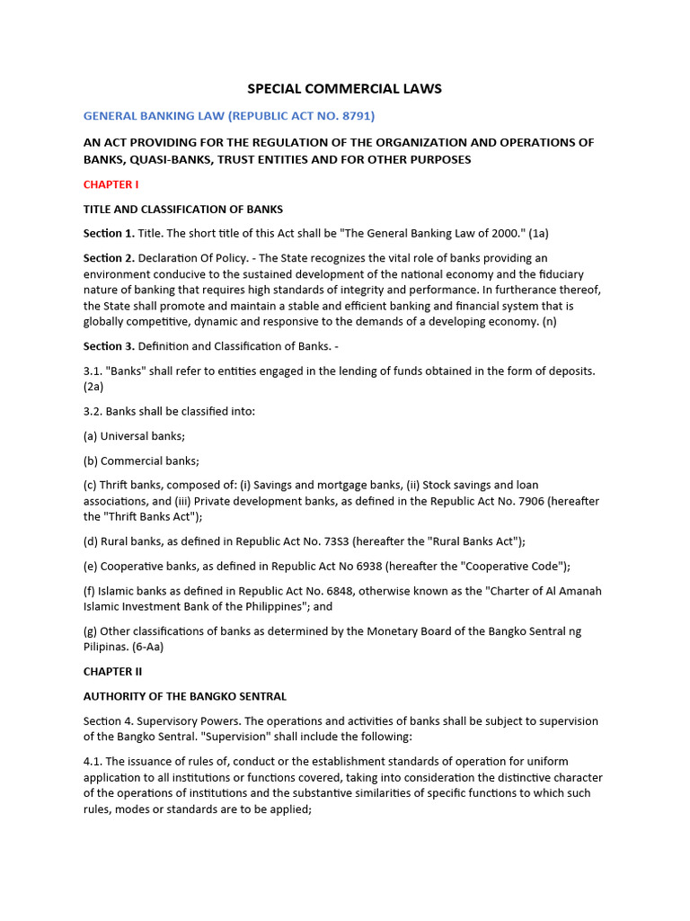 SPECIAL COMMERCIAL LAWS | PDF | Banks | Savings And Loan Association